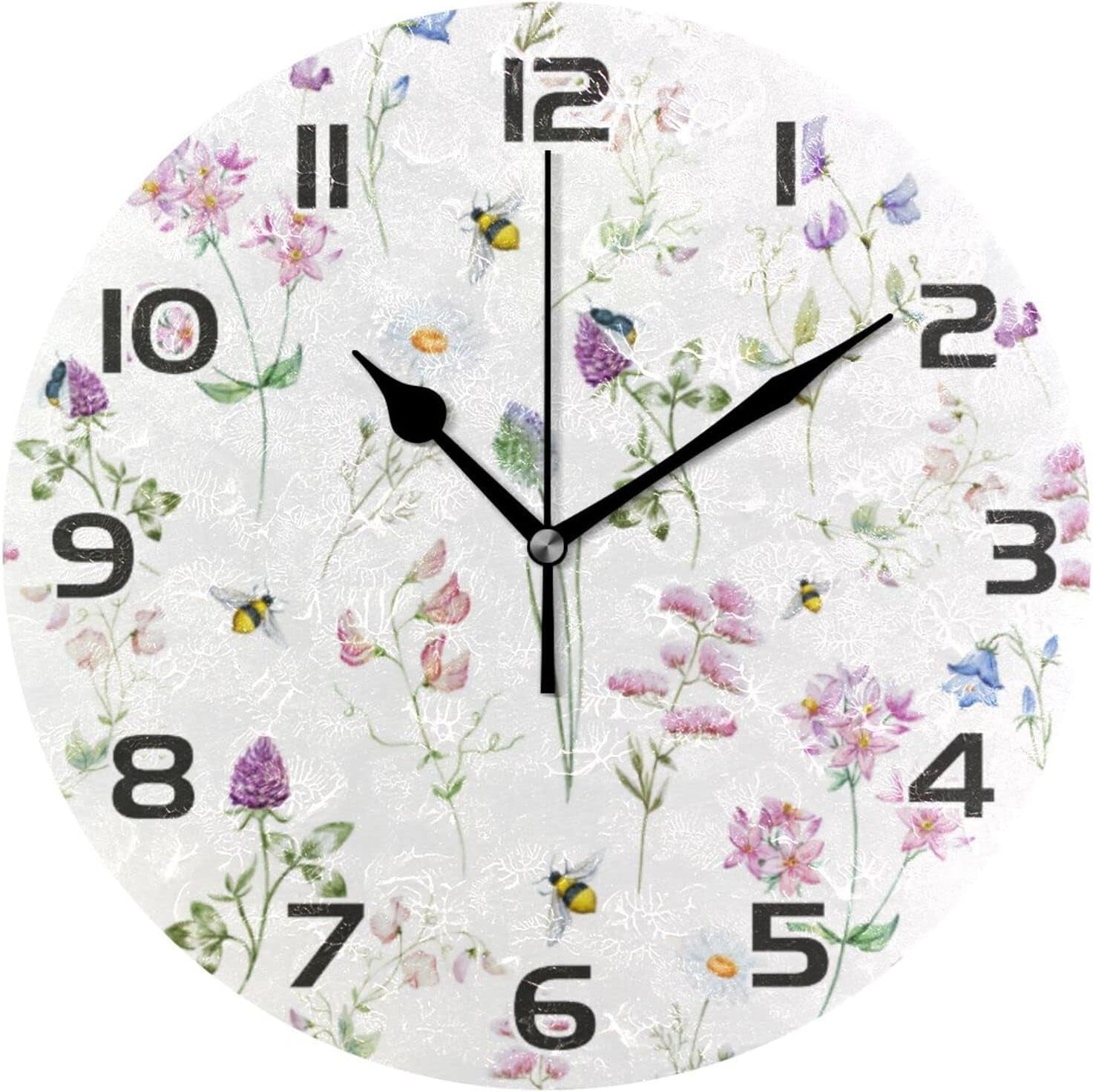 10 Inch Watercolor Wild Flowers Clock Silent Round Wall Clock Non ...