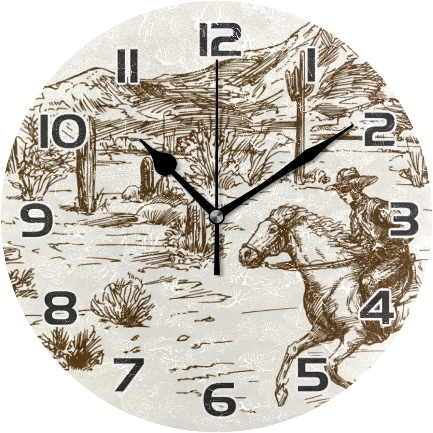 10 Inch Western Desert Cowboy Clock Silent Round Wall Clock Non Ticking ...