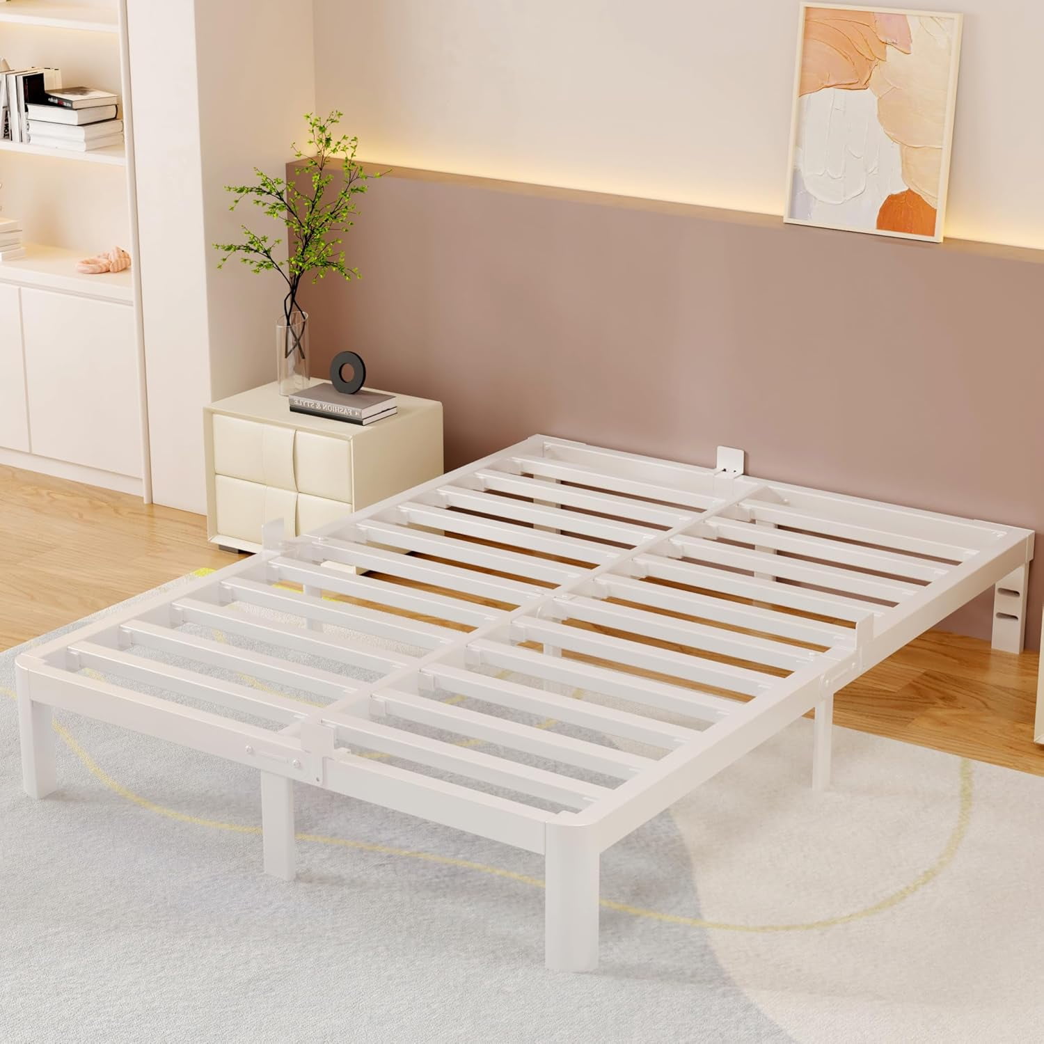 10 Inch White Full Size Bed Frame, Metal Bed Frame Full with Baffles ...