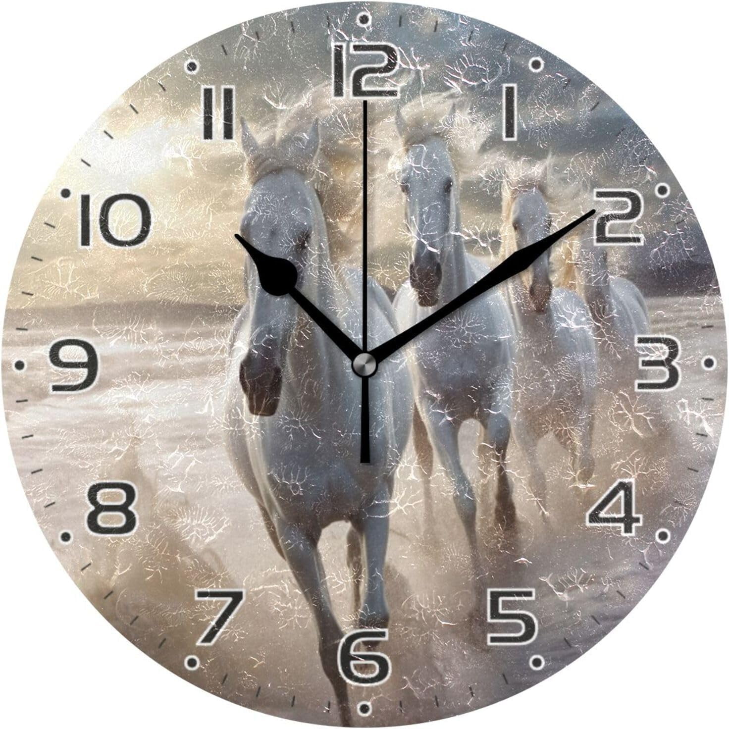 10 Inch White Horses Clock Silent Round Wall Clock Non Ticking Battery ...