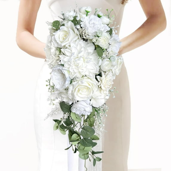 10 Inch White Rose Bouquets for Bride Spring Wedding Cascading Bridal ...