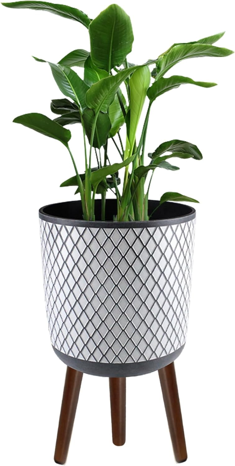 10 Inches Plant Pot with Legs, Modern Gray Flower Pots with Wood Stand ...