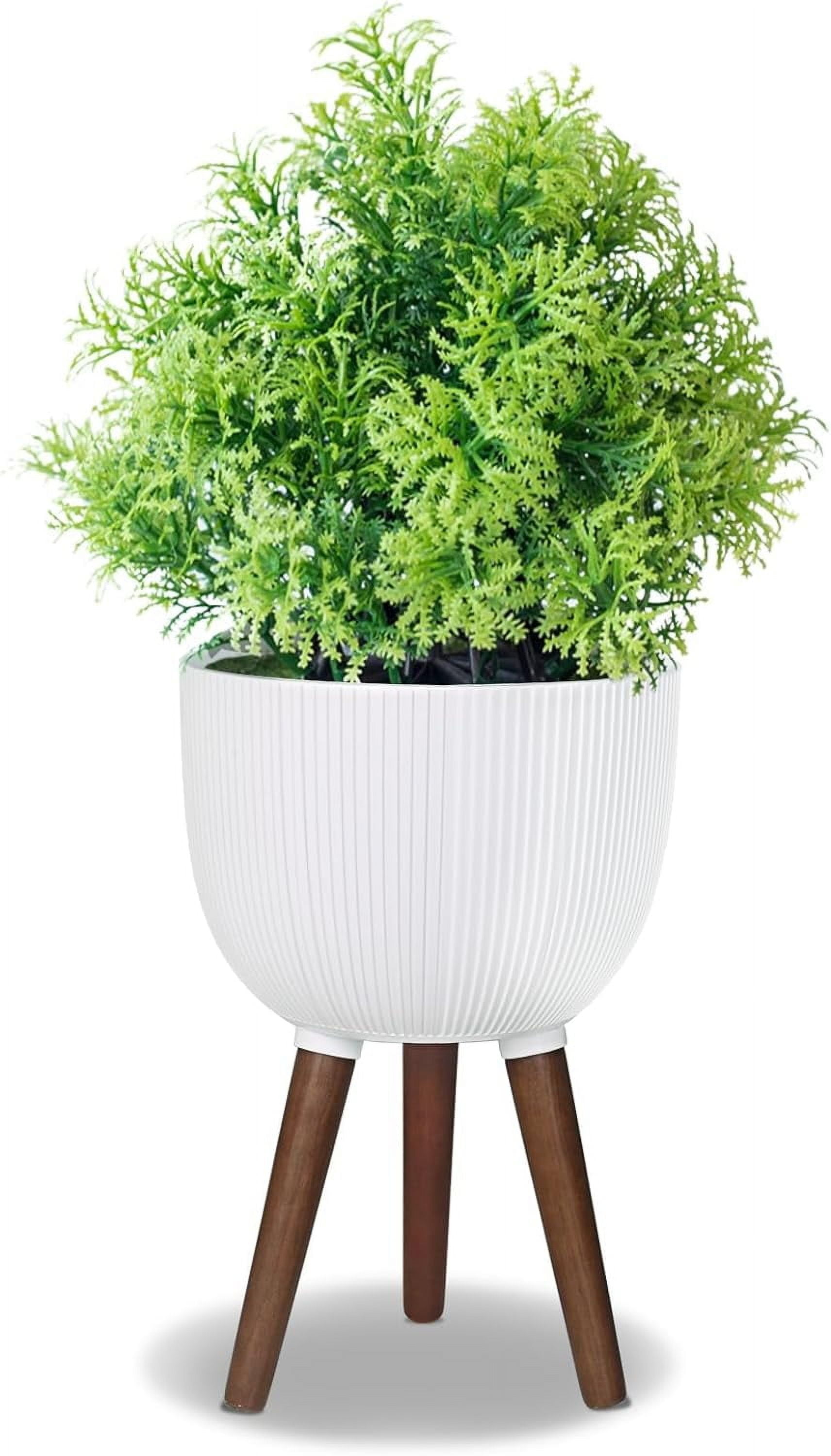 10 Inches Plant Pot with Legs, Modern White Flower Pots with Wood Stand ...