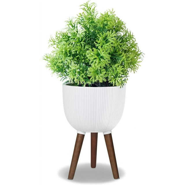 10 Inches Plant Pot with Legs, Modern White Flower Pots with Wood Stand ...