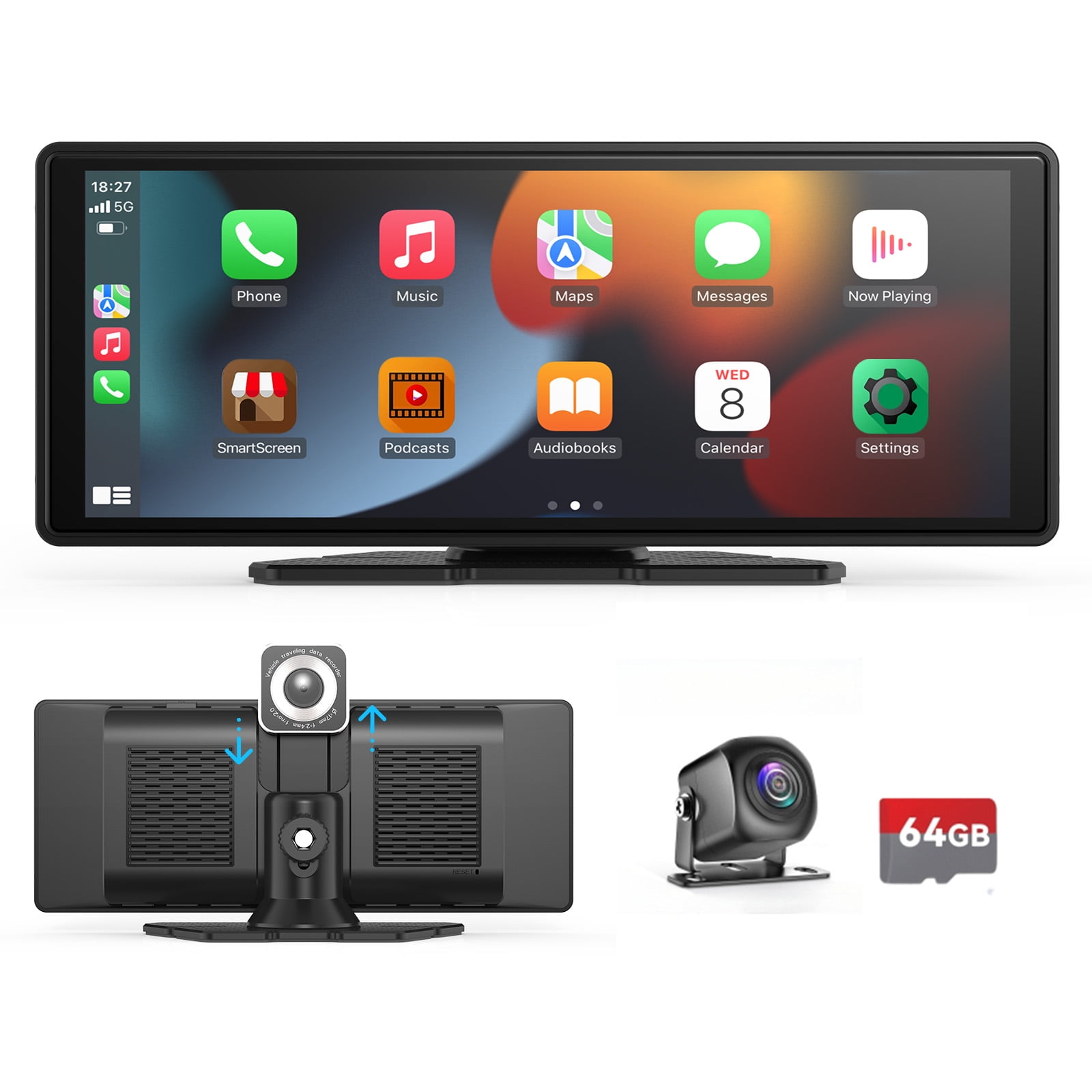 10 Inches Portable Wireless Carplayer with 1080p Dash Cam, Wireless ...
