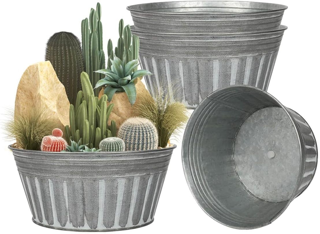 10 Inches Silver Metal Rustic Plant Pots - 4 Pcs Large Shallow ...