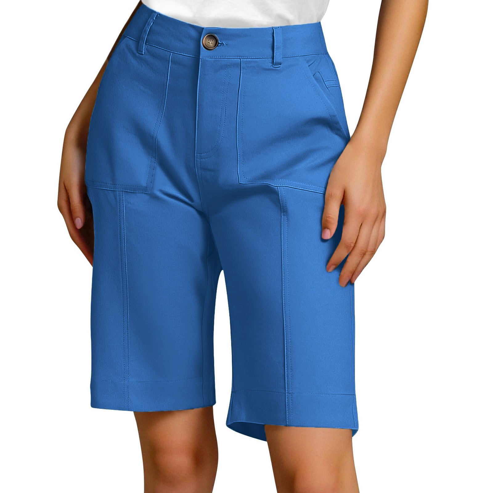 10" Inseam Women Twill Shorts Knee Length Bermuda Elastic Waist Mid ...