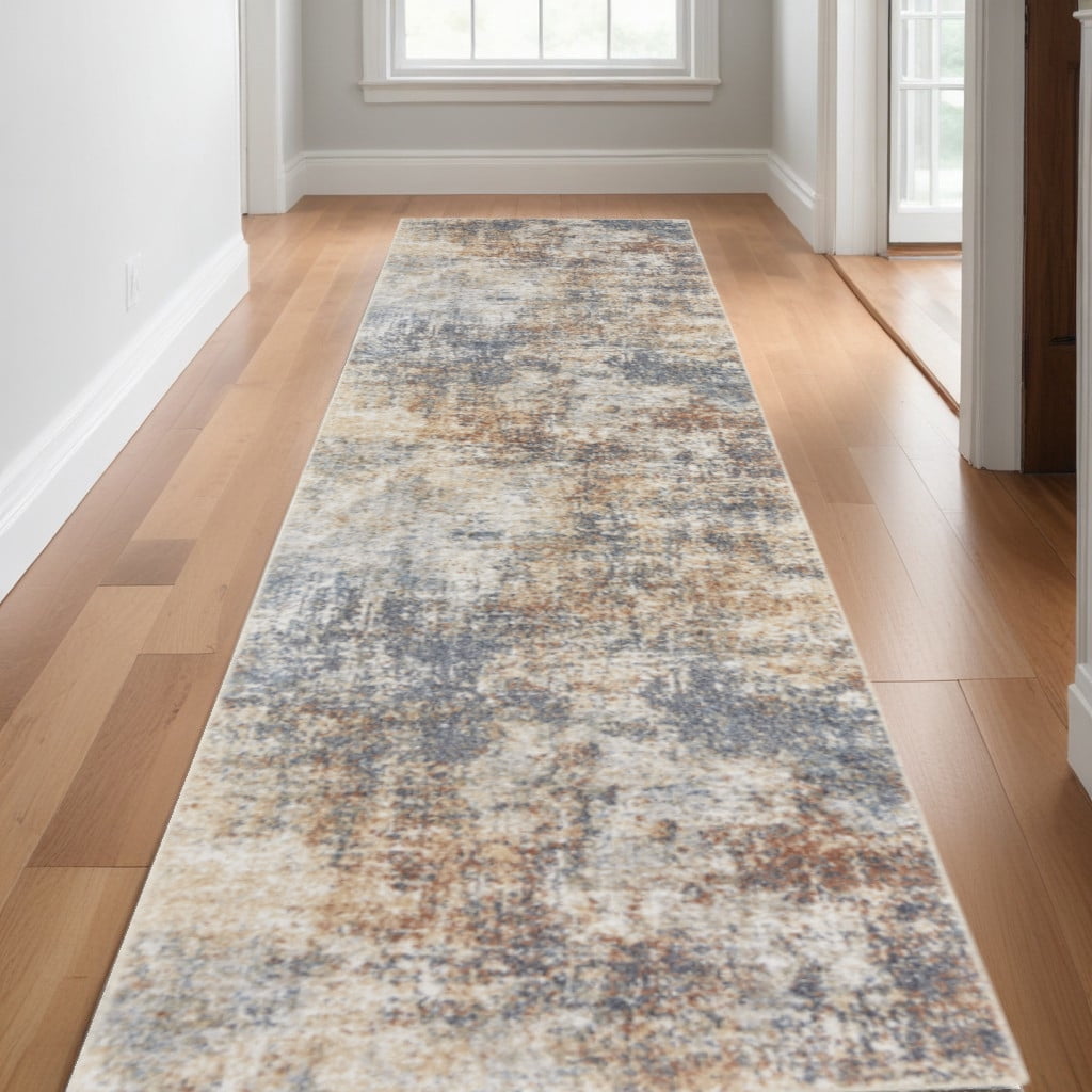 10' Ivory Blue And Brown Abstract Runner Rug - Walmart.com