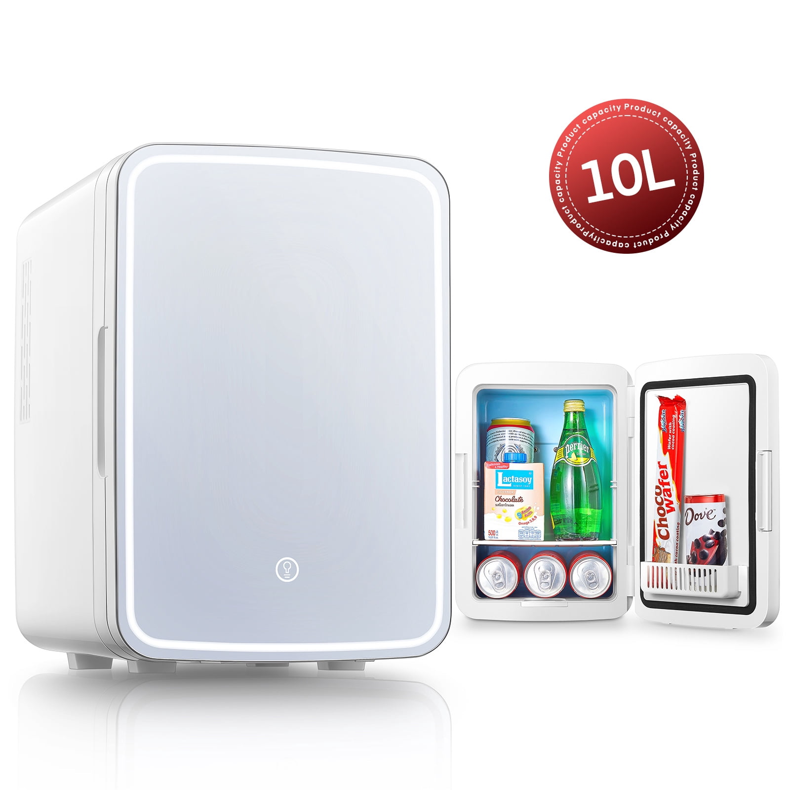 10 L Mini Fridge, Small Bedroom Refrigerator Led Mirror Door with 3 ...