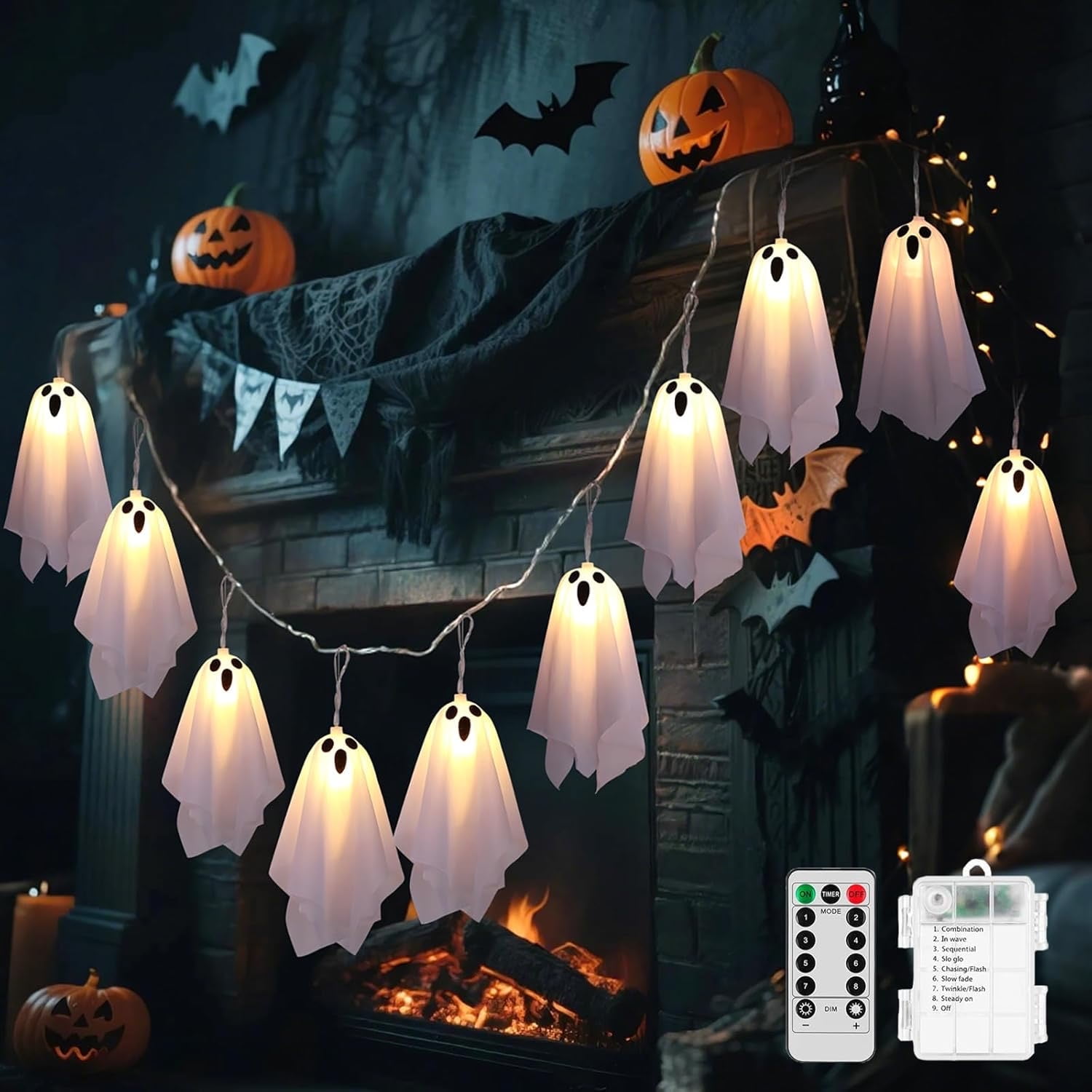 10 LED Ghost Battery Operated Halloween Lights, 8 Modes Light Up Ghost ...