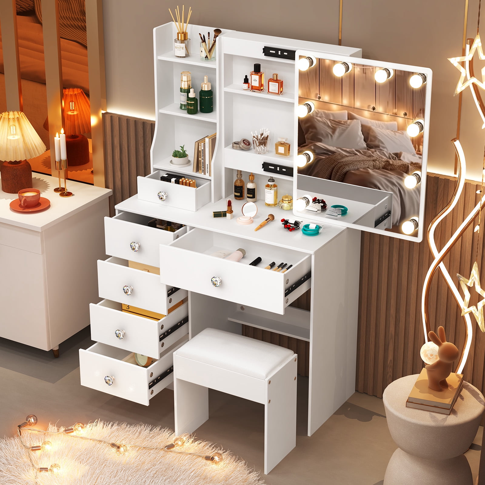 10 LED Lights w/3 Colors Mirror & Drawer Dresser Table Makeup Desk Xams ...