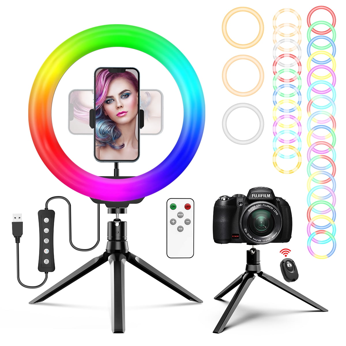 10'' LED RGB Selfie Ring Light - Dimmable, Tripod Stand, Phone Holder ...