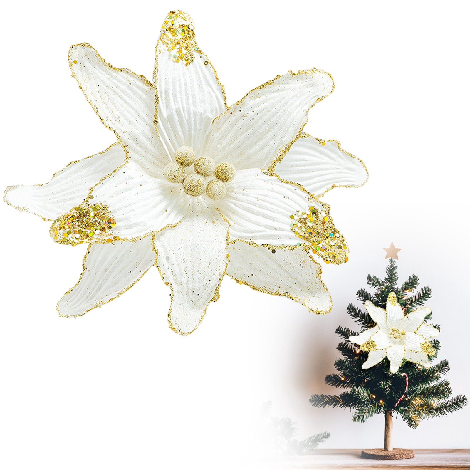 10"Large Heads Christmas Glitter Poinsettia Flowers Christmas Tree ...