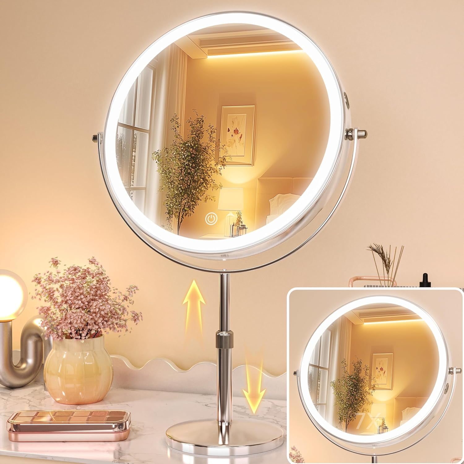 10" Lighted Makeup Mirror with 7X Magnification, Rechargeable Vanity ...