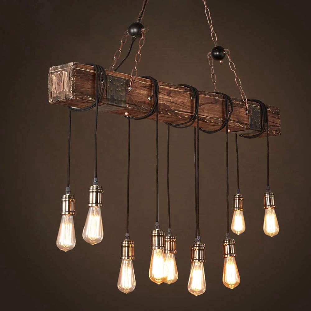 10 Lights Wooden Retro Rustic Pendant Light Industrial Chandelier Wood ...