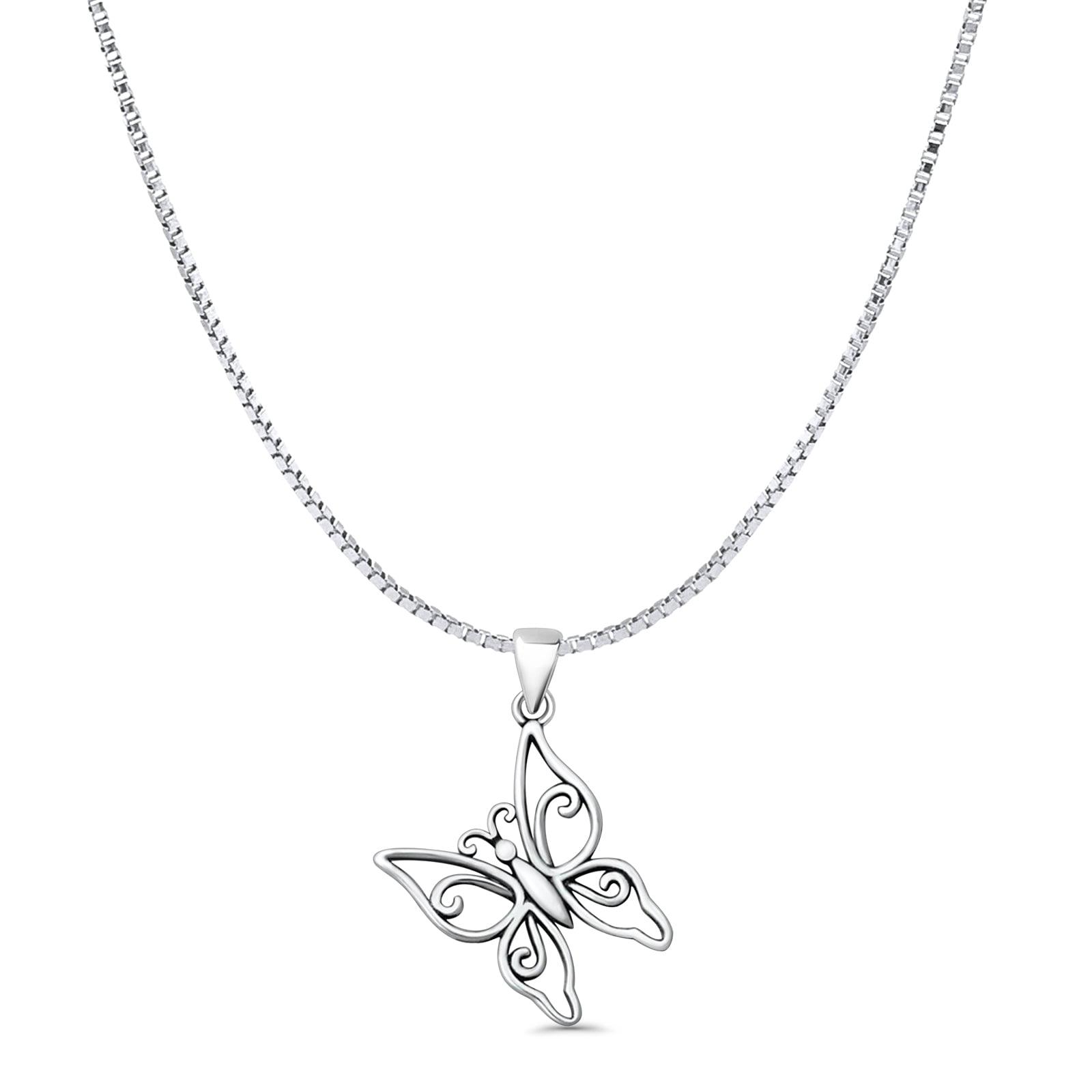 10" Long 1mm Box Chain- Butterfly Pendant Necklace Oxidized Filigree ...