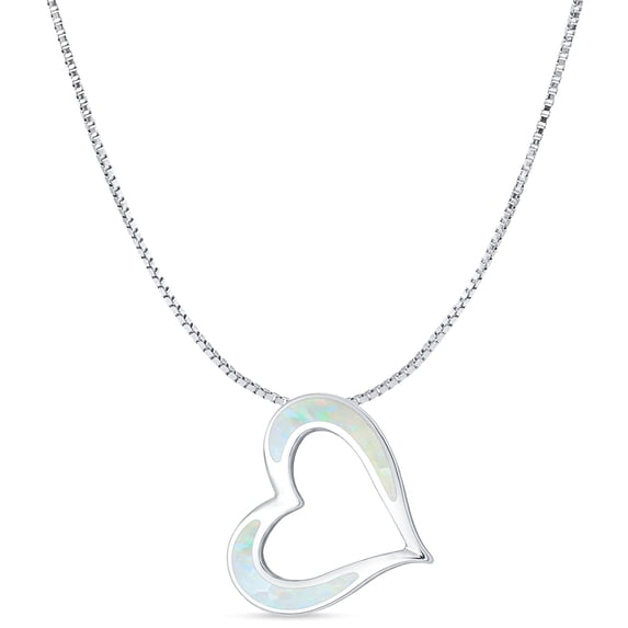 10" Long 1mm Box Chain- Lab Created White Opal Heart Pendant Necklace ...