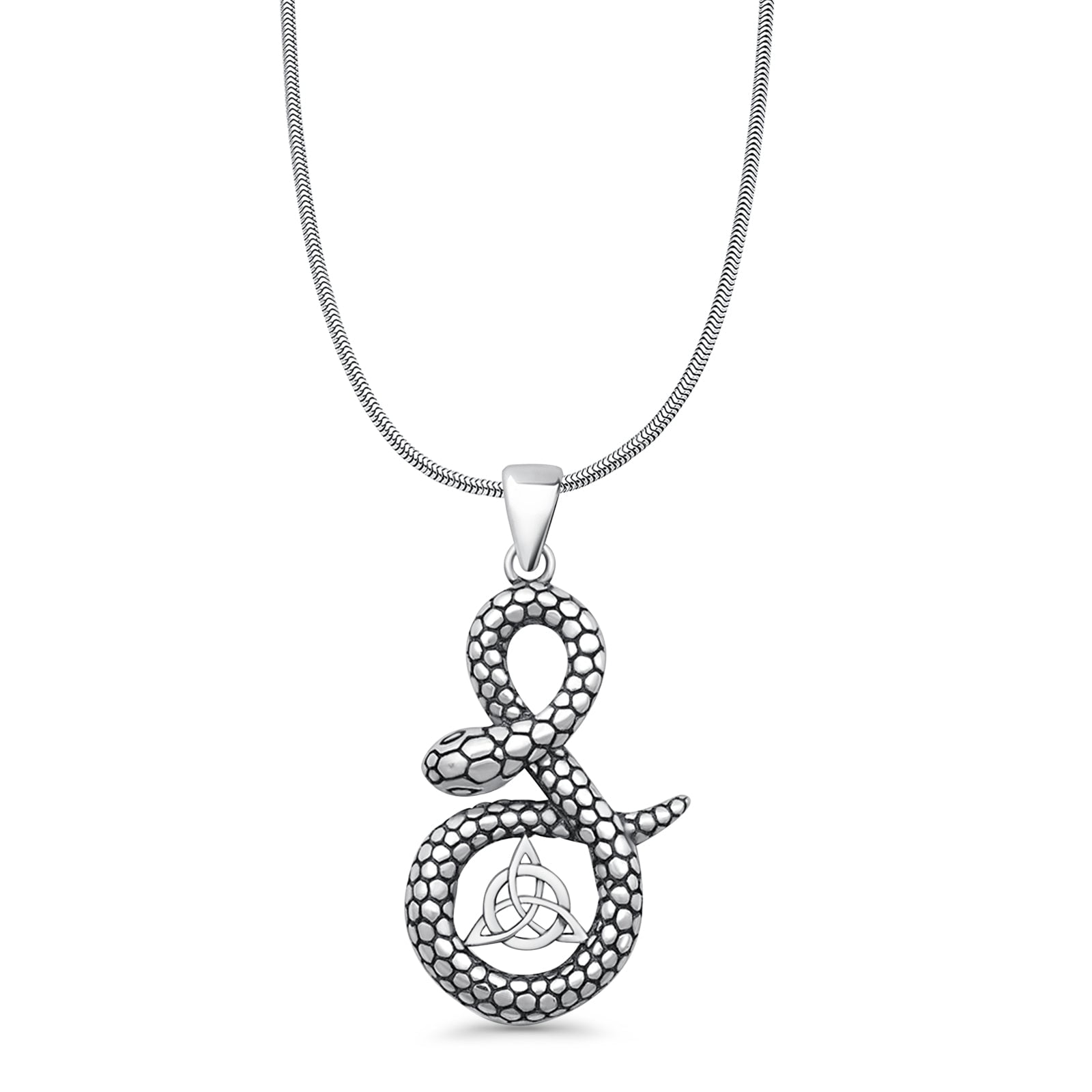10" Long 1mm Snake Chain- Snake & Triquetra Pendant Necklace Oxidized ...