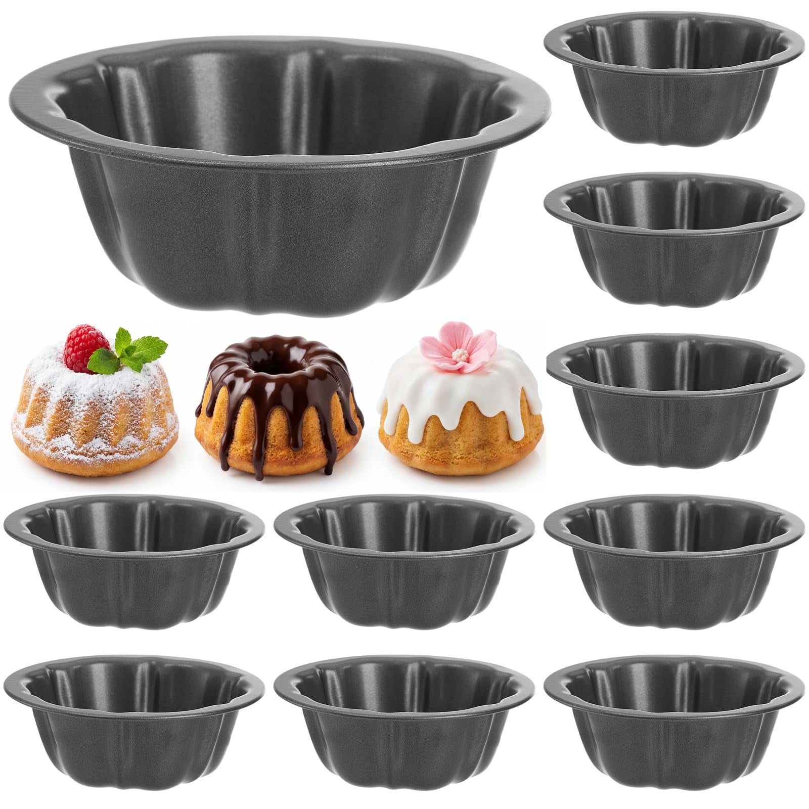 10 Mini Fluted Tube Cake Pans, 4 Inch, Nonstick Carbon Steel, For ...