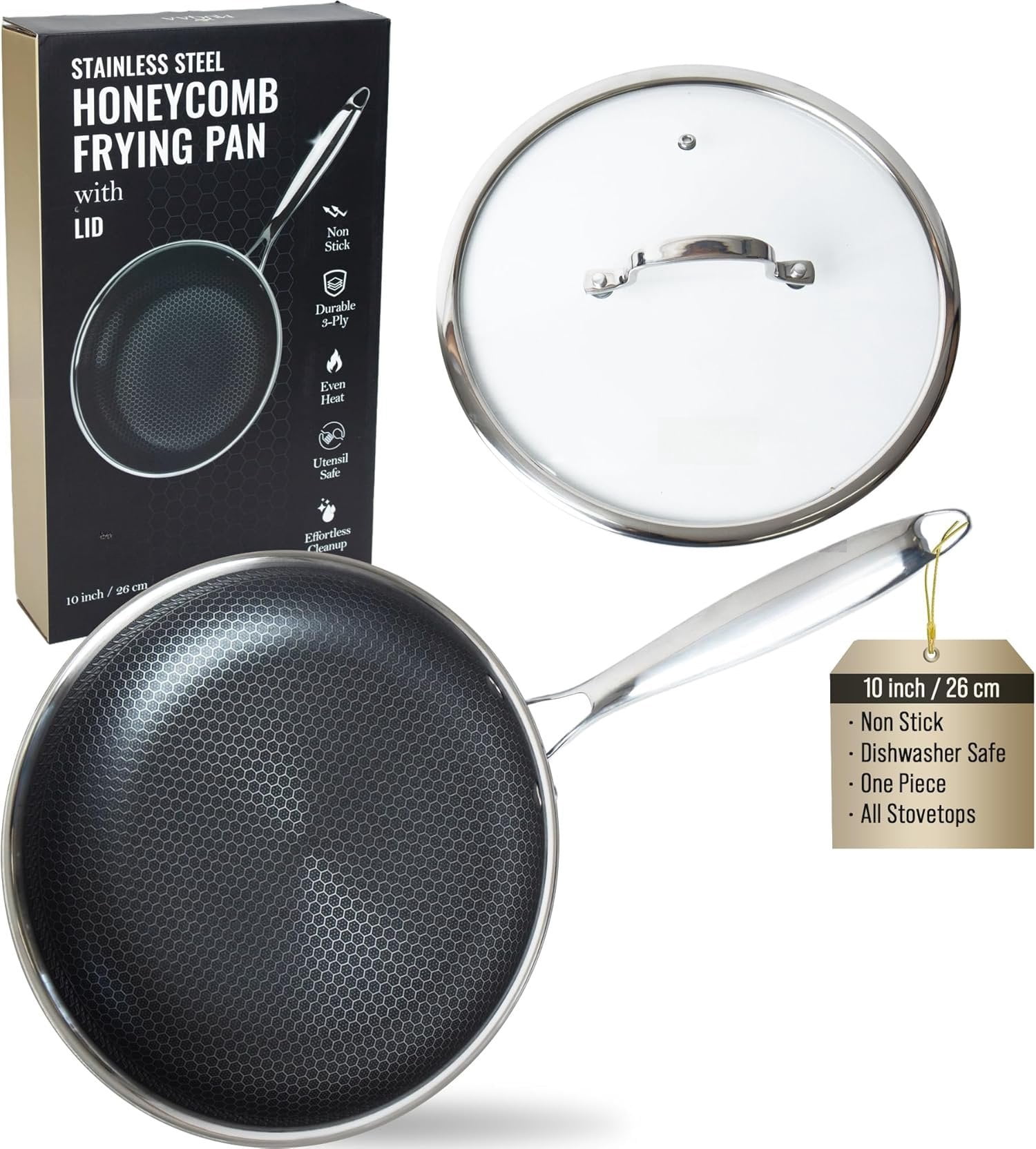 10" Non- Stainless Frying Pan with Lid | Honeycomb Hybrid Skillet for ...