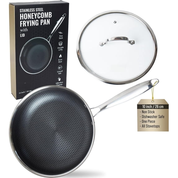 10" Non- Stainless Frying Pan with Lid | Honeycomb Hybrid Skillet for ...