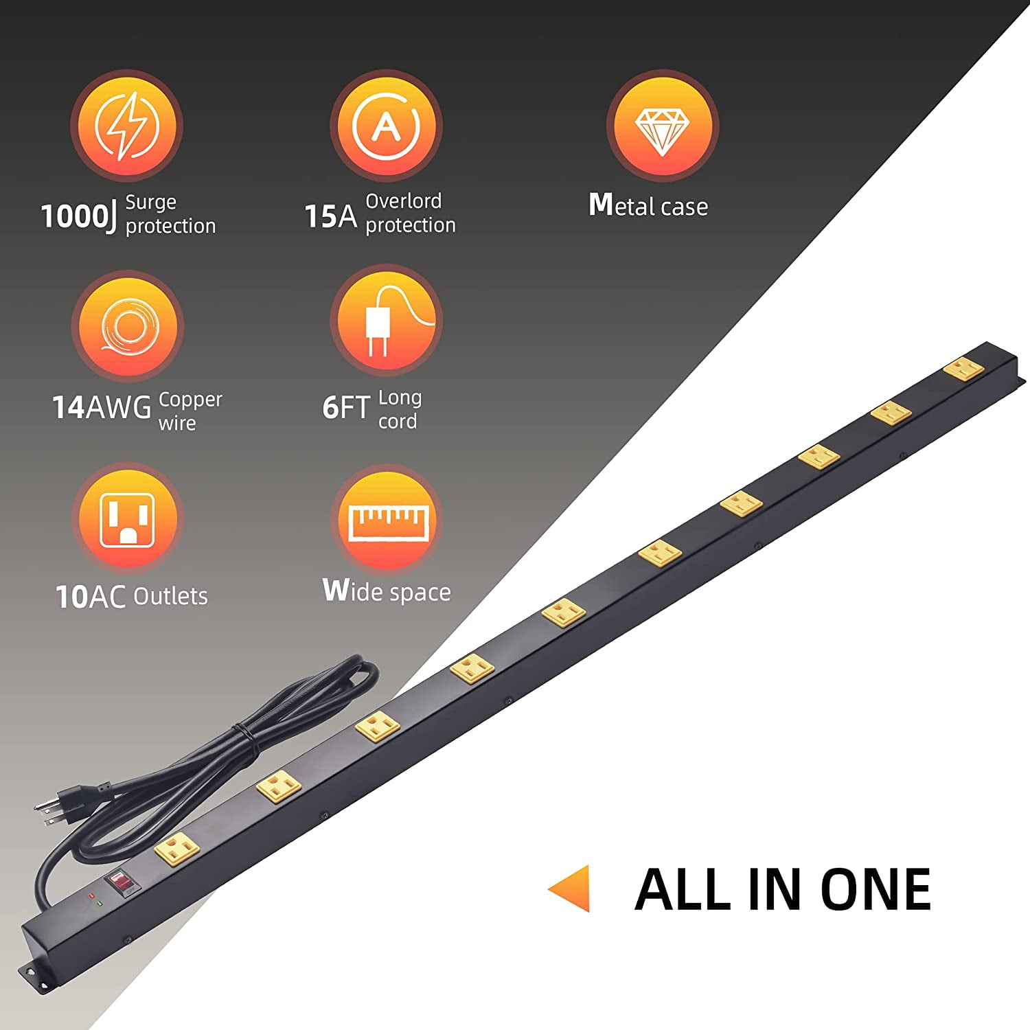 10-Outlet Heavy Duty Power Strip Surge Protector Metal Long Extension ...