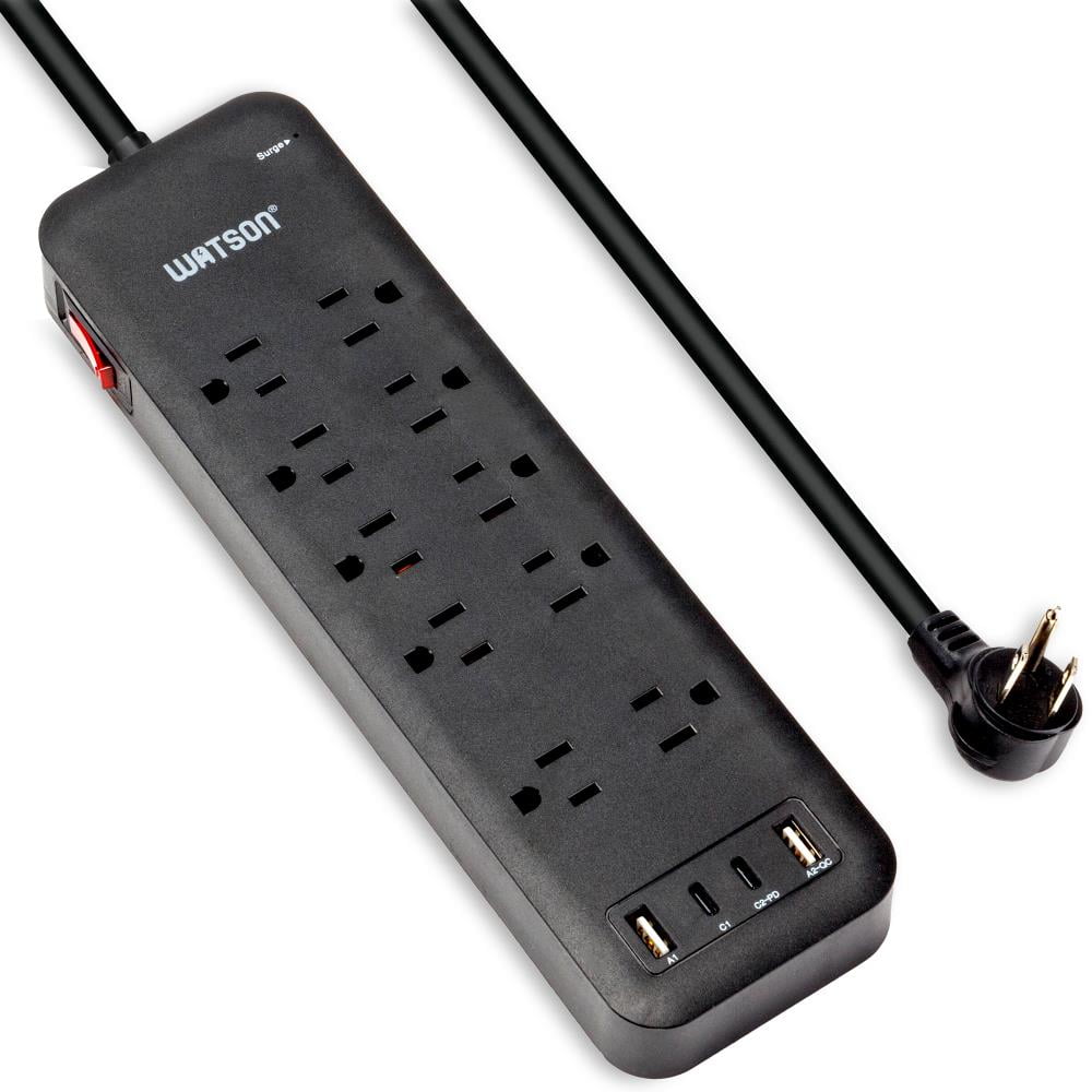 10-Outlet Surge Protector with 2 USB-C & 2 USB-A Ports, 2450 Joules, 6 ...