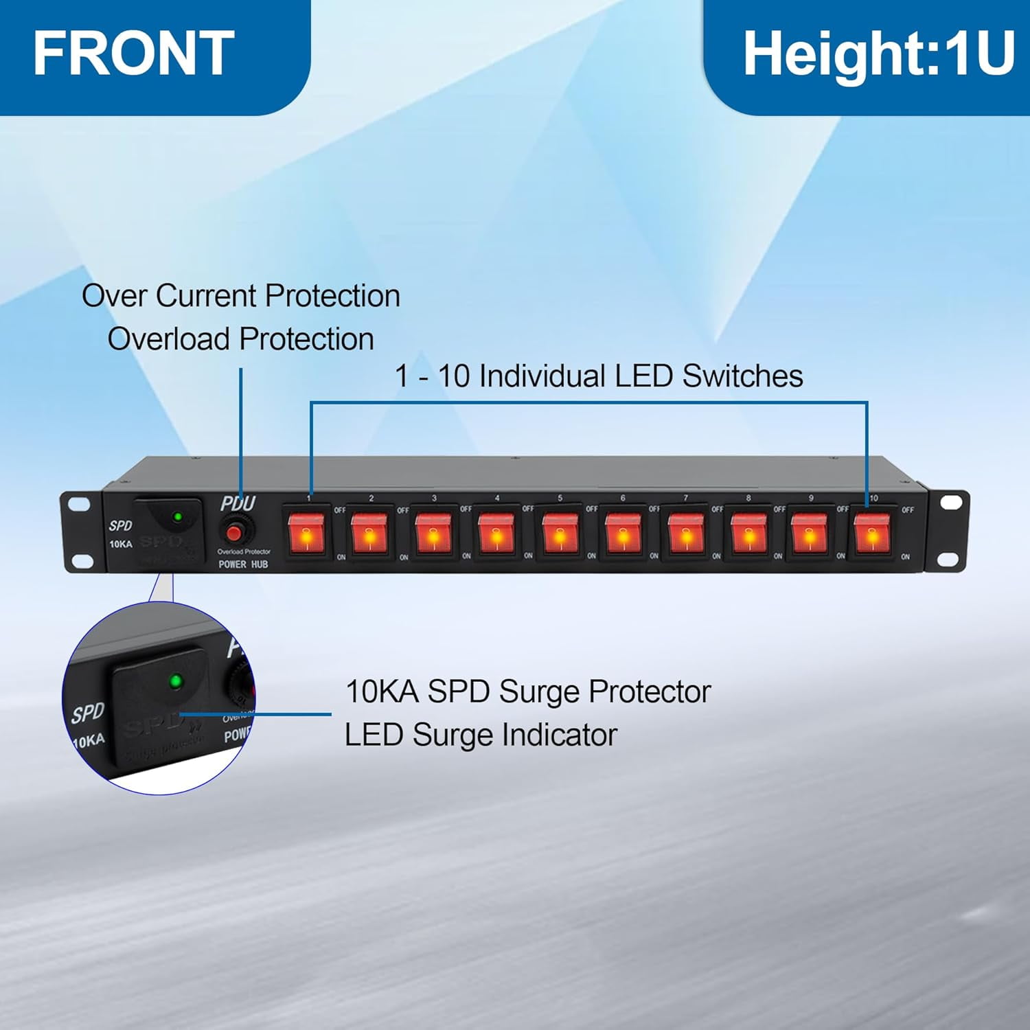 10 Outlets 1U Horizontal PDU Network Rackmount Power Strip with Surge ...
