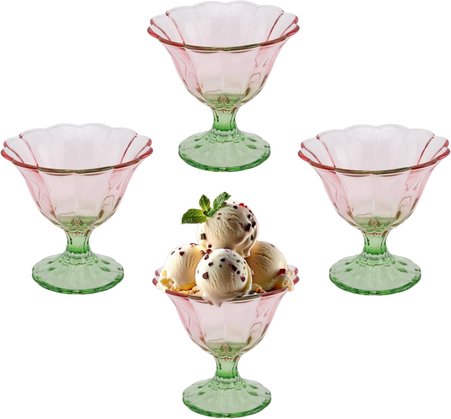 10 Oz Glass Ice Cream Bowls Set of 4, Footed Dessert Cups for Sundaes ...