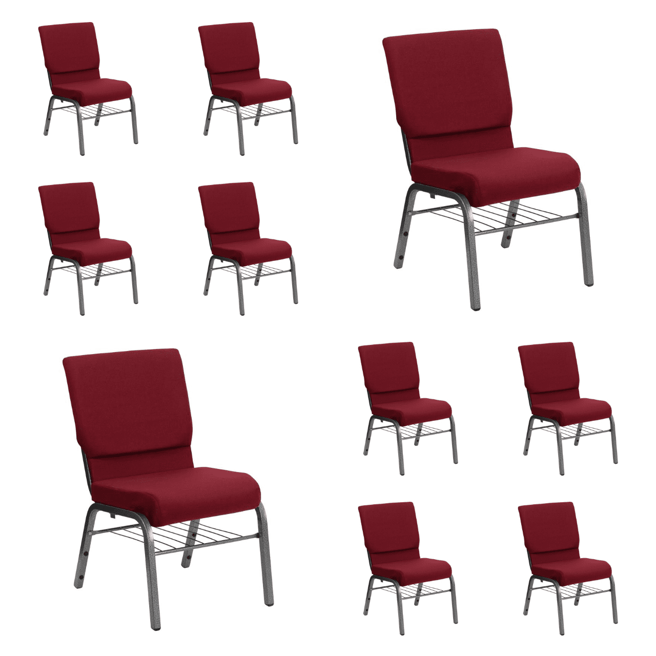 (10 PACK) 18.5'' Wide Burgundy Fabric Church Chair with Book Rack and ...