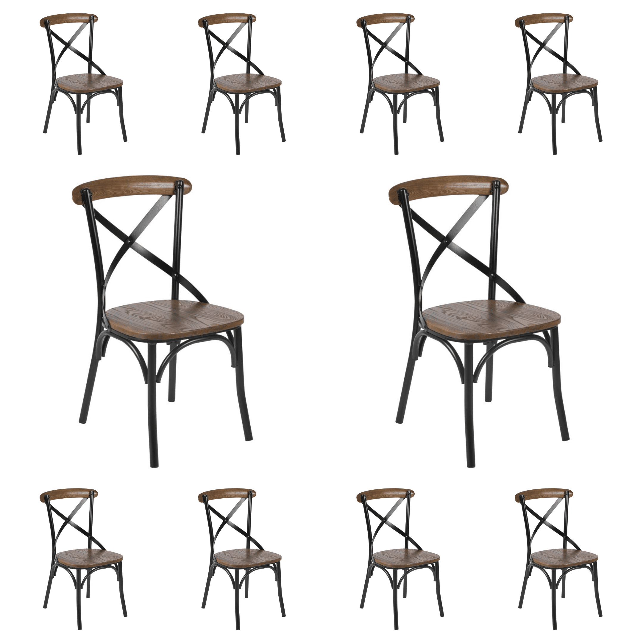 10 PACK Bistro Style Cross Back Fruitwood Seat Stackable Metal Dining ...