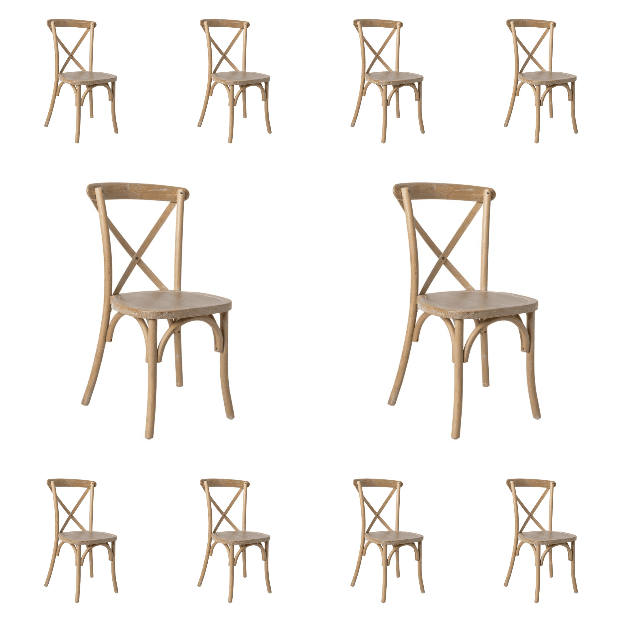 10 PACK Bistro Style Cross Back Natural With White Grain Wood Stackable ...
