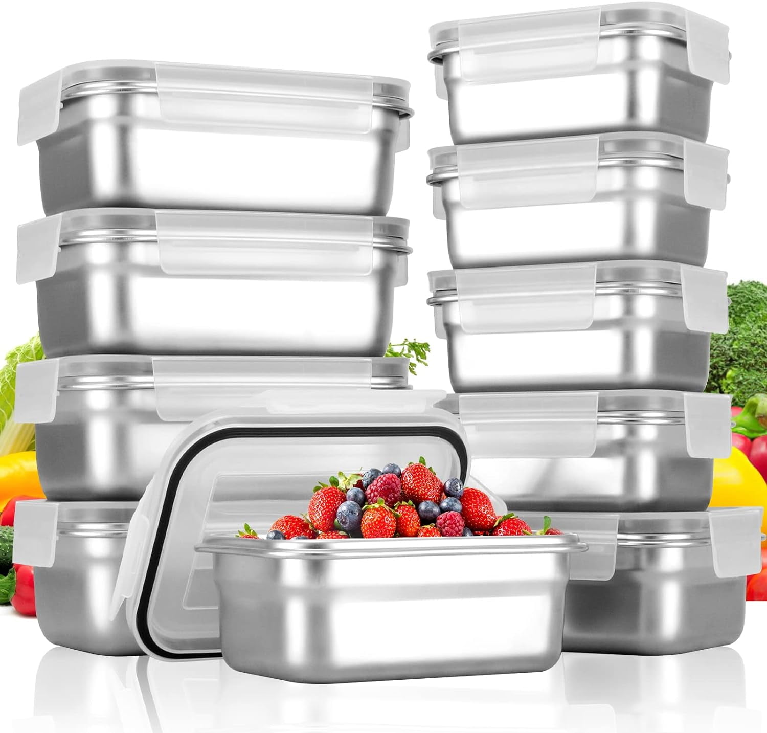 10 PC Square 304 Stainless Steel Food Containers with Lids, Airtight ...