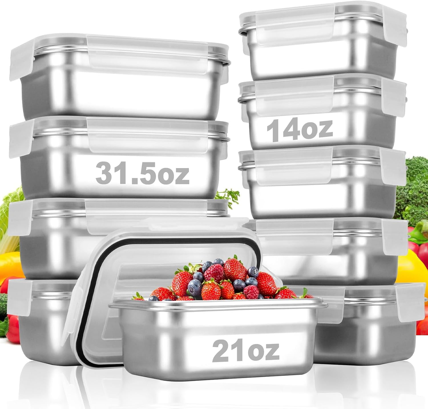 10 PC Square 304 Stainless Steel Food Containers with Lids, Airtight ...