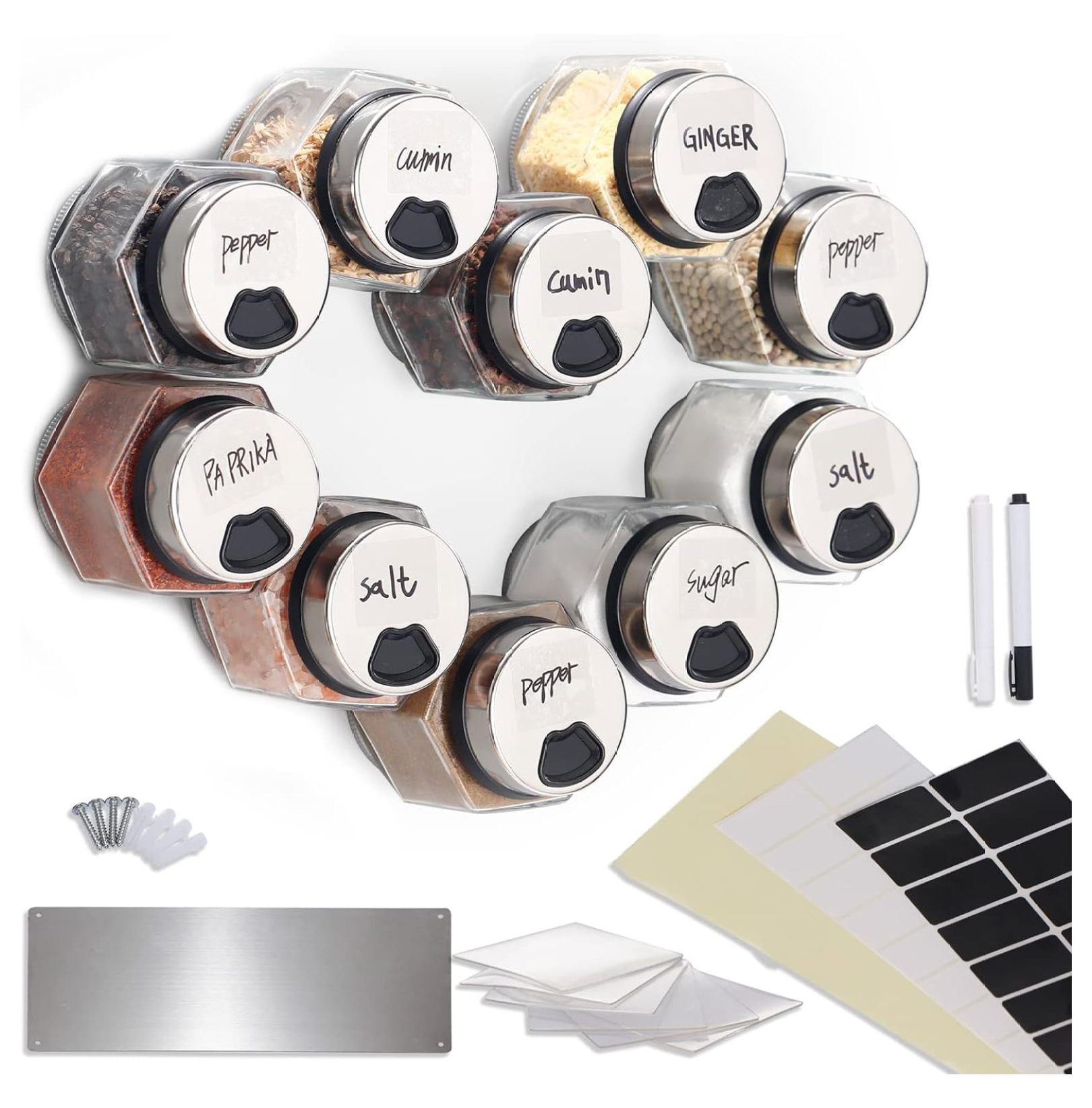 10 PCS 5oz Hexagon Glass Large Magnetic Spice Jars for Refrigerator ...