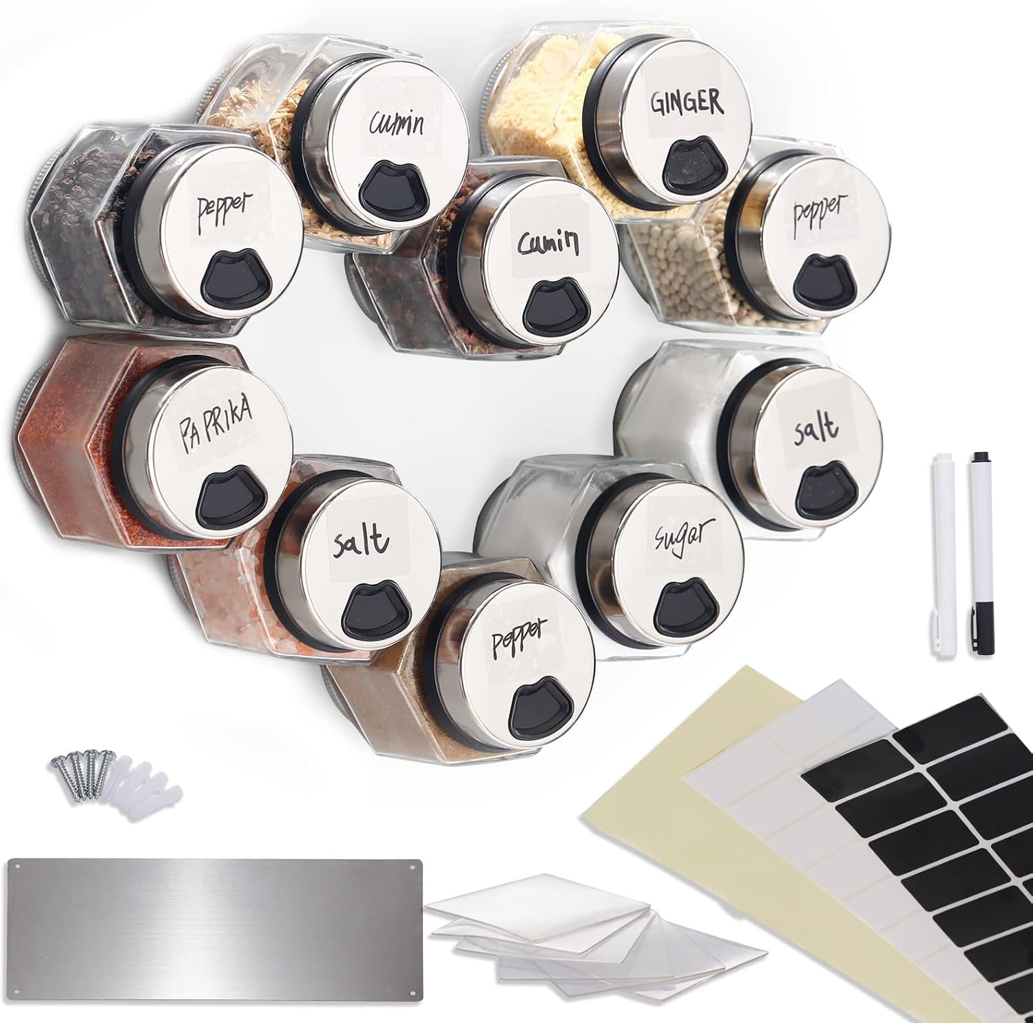 10 PCS 5oz Hexagon Glass Large Magnetic Spice Jars for Refrigerator ...