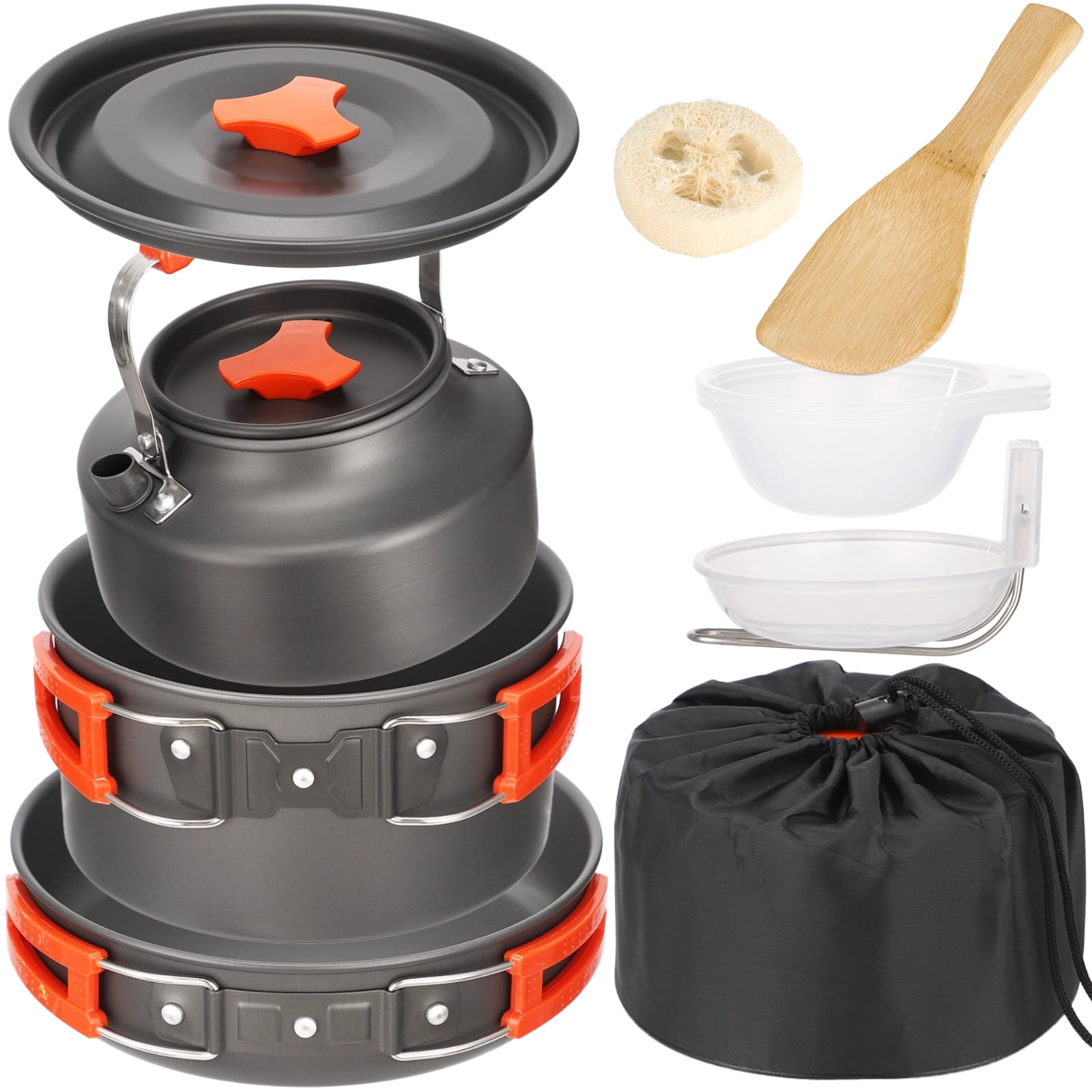 10 PCS Camping Cookware Set, Camp Pot Pan Kettle Plastic Bowls Soup ...