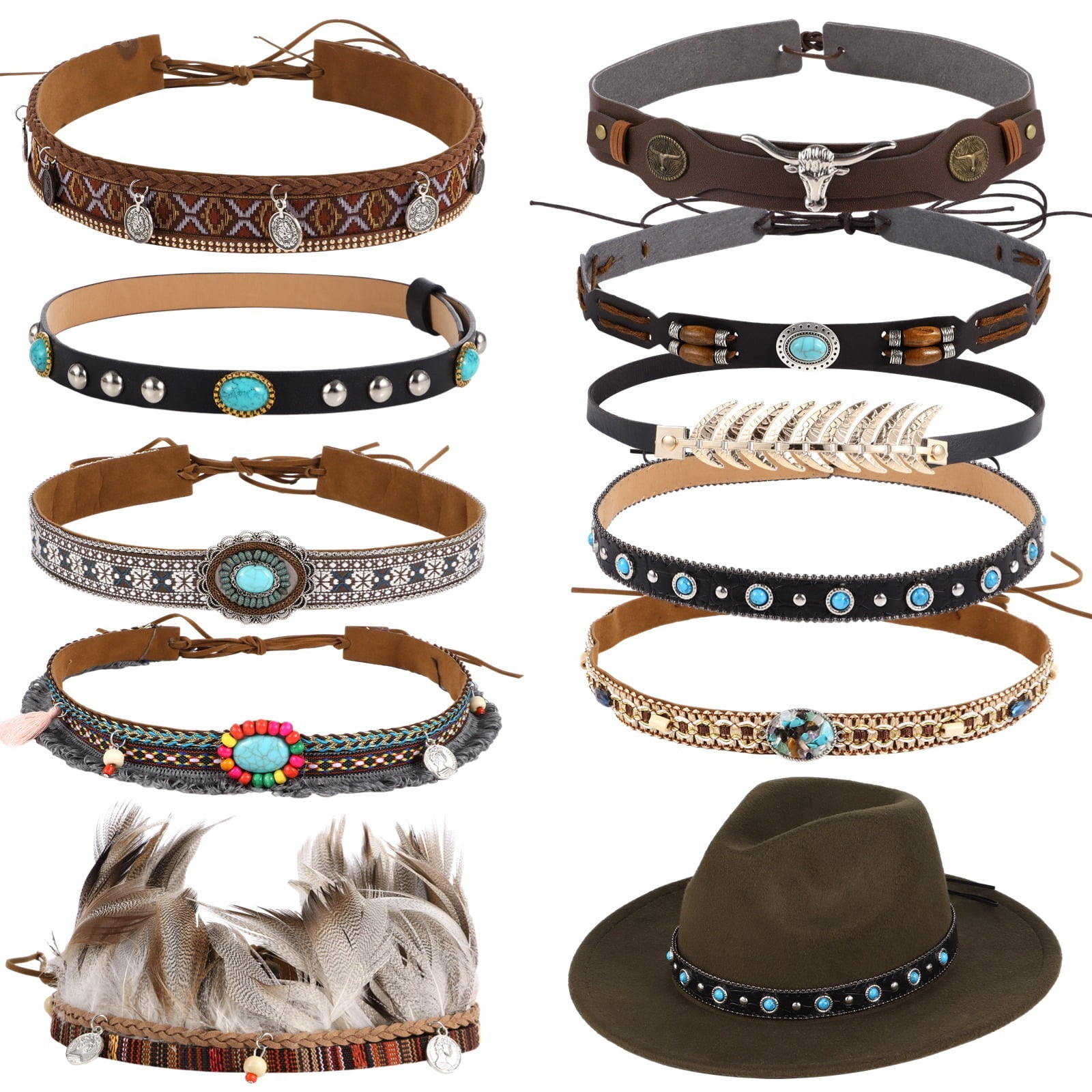 10 PCS Cowboy Hats, Bands Ethnic Western Hat Belts, Rural Cowgirl ...