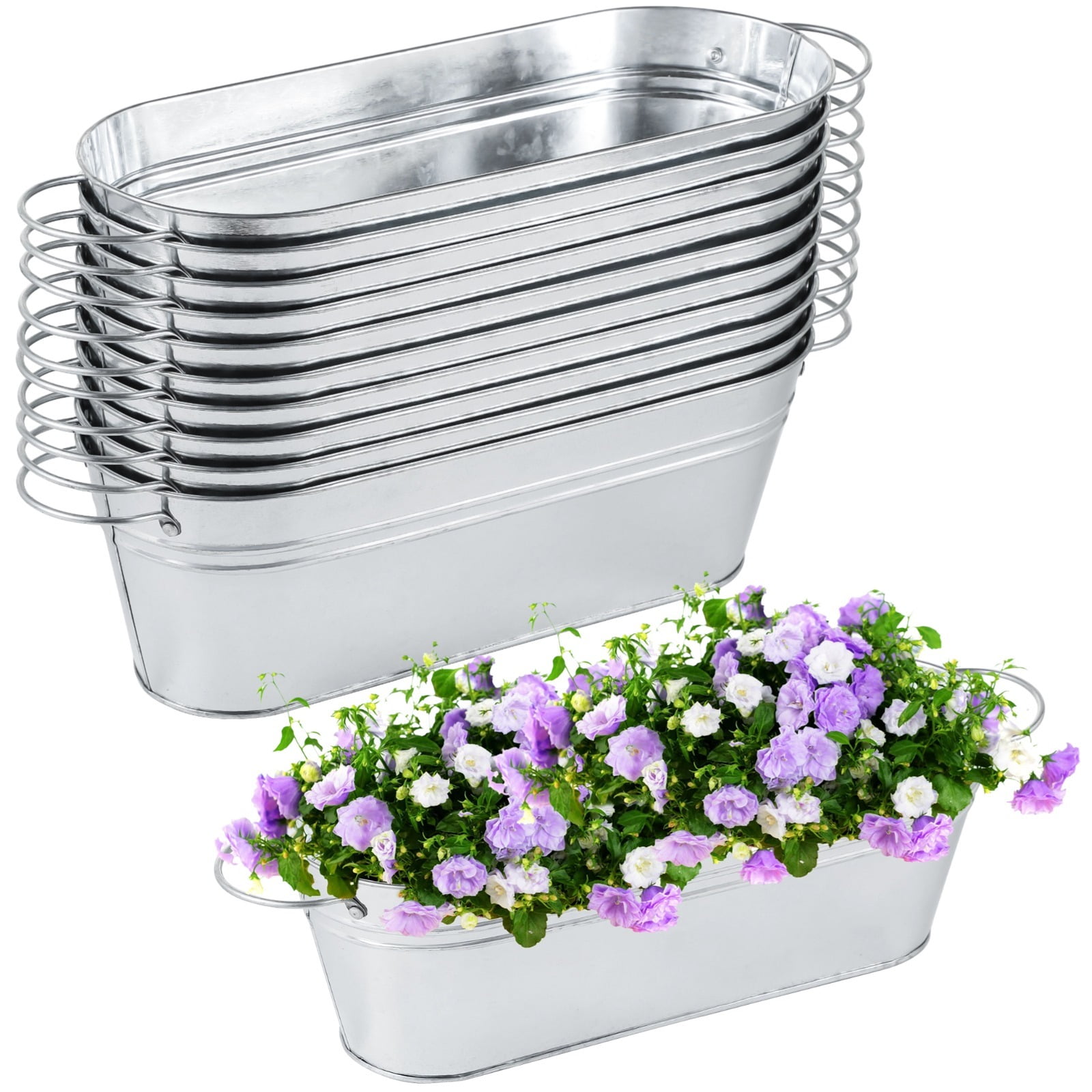 10 PCS Galvanized Oval Planters, Rustic Metal Planter with Handles ...