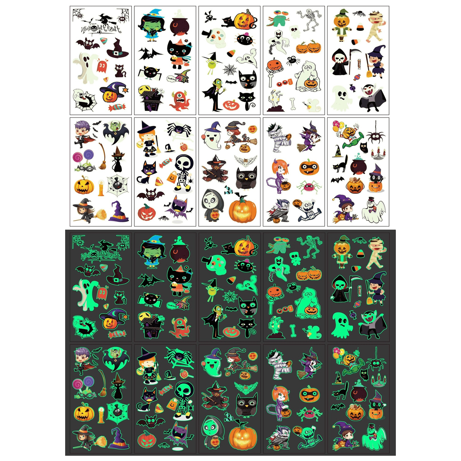 10 PCS Individually Wrapped Sheets Glow Halloween Tattoos for Kids ...