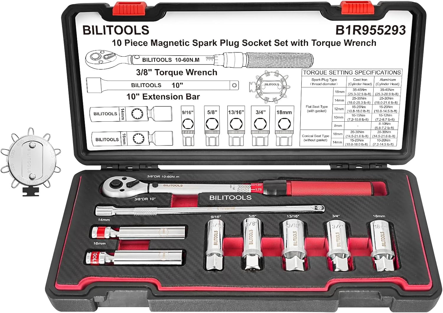 10 PCS Magnetic Spark Plug Socket Set with Click Torque Wrench & Spark ...