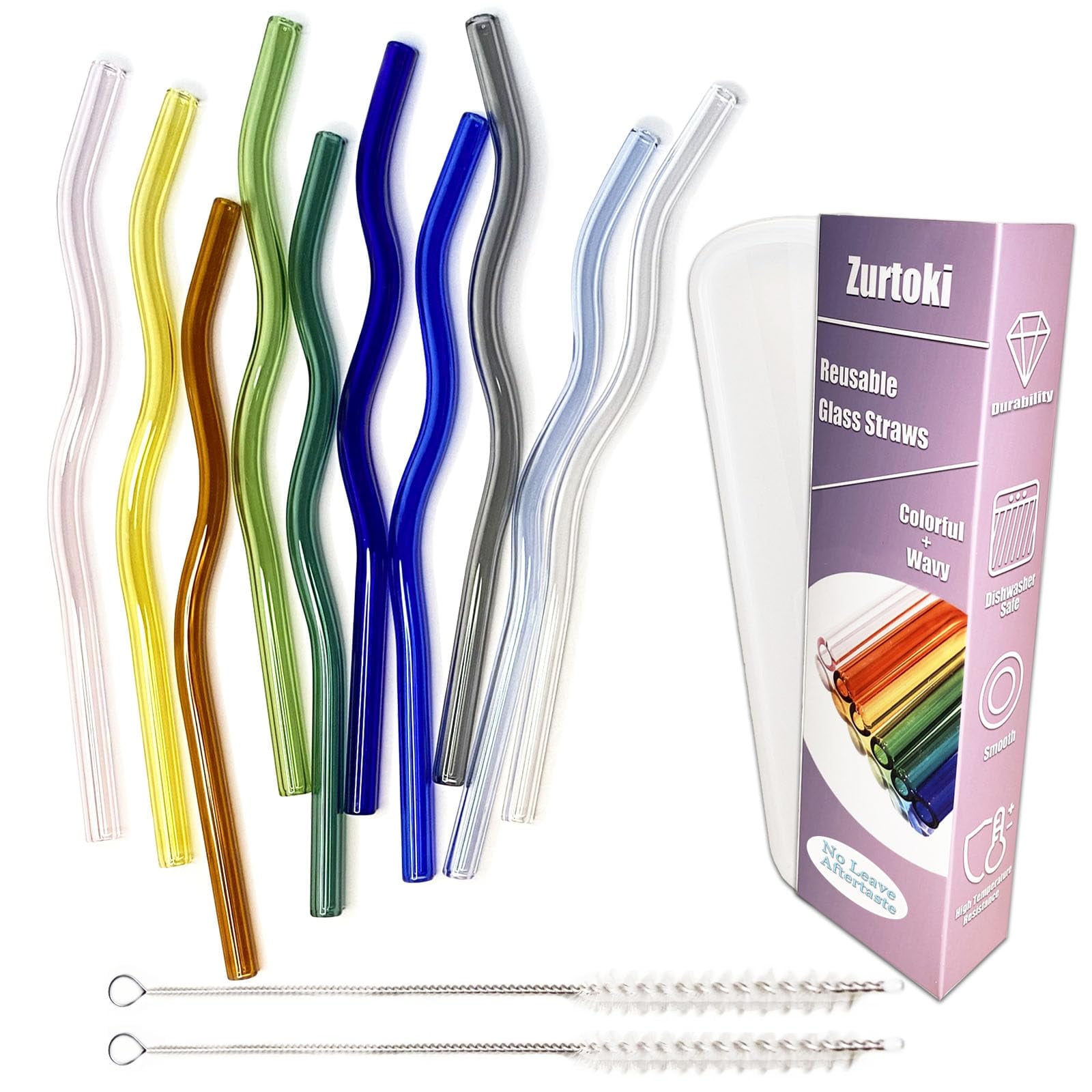 10 PCS Reusable Wavy Colorful Glass Straws Cute 7.87" x 8 mm Drinking ...