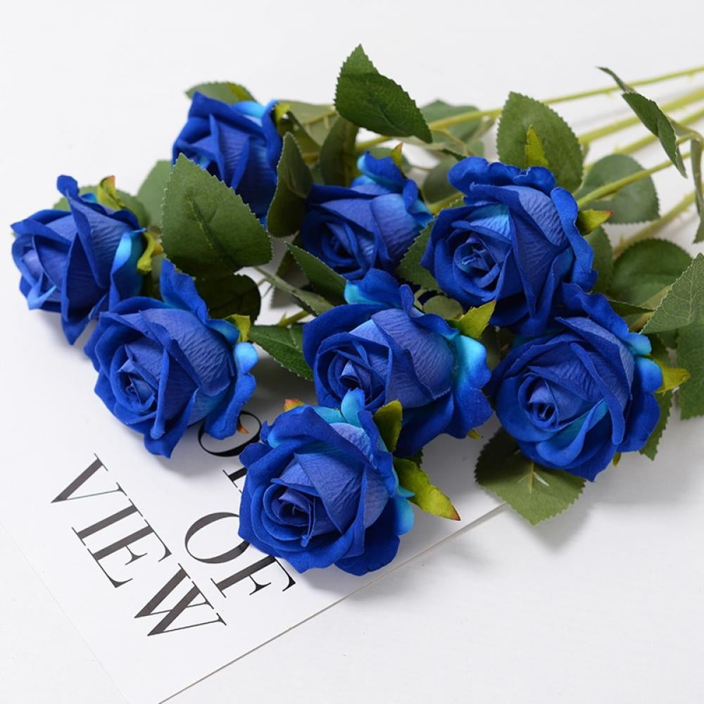 10 PCS Rose Artificial Flowers, Blue Silk Roses with Stems Realistic ...