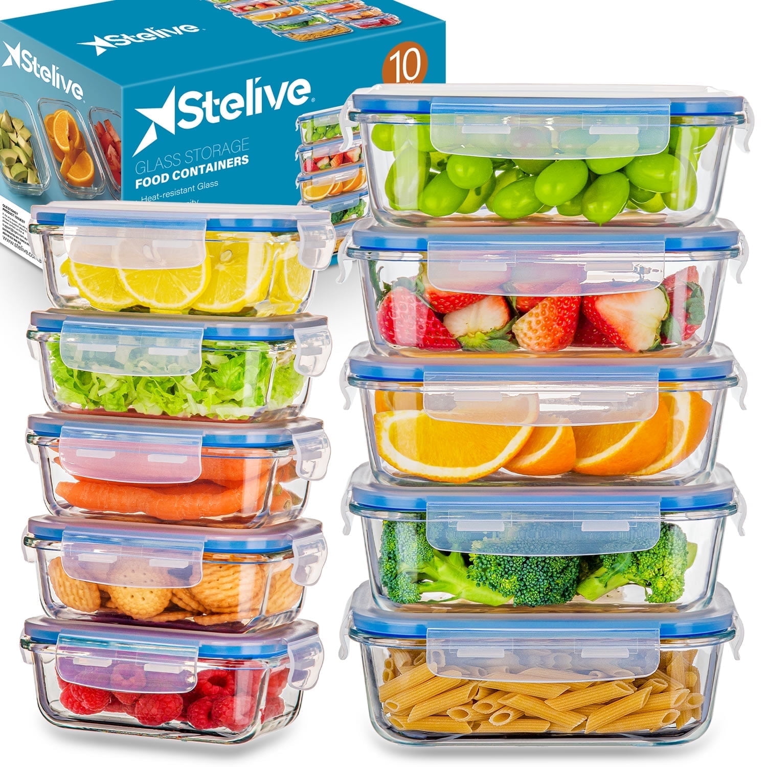 Stelive 10 Pack Glass Food Storage Containers (1040ML&370ML), Glass ...