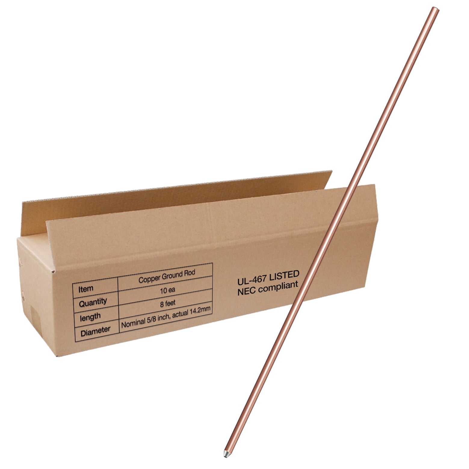 10 PK 8ft Ground Rod Dia 5/8 in UL Listed Copper Bonded Electrical ...
