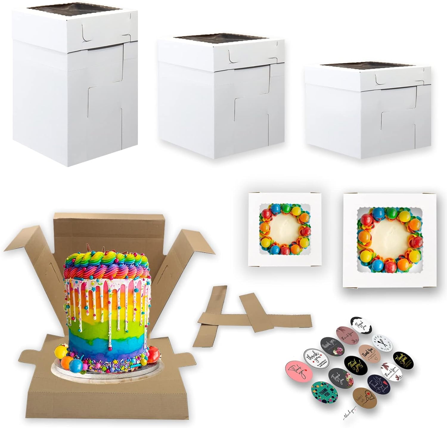 10 PK Adjustable Tall Cake Boxes in 2 Base Sizes 5-10"x10" & 5-12"x12" With 3 Adjustable Height ...