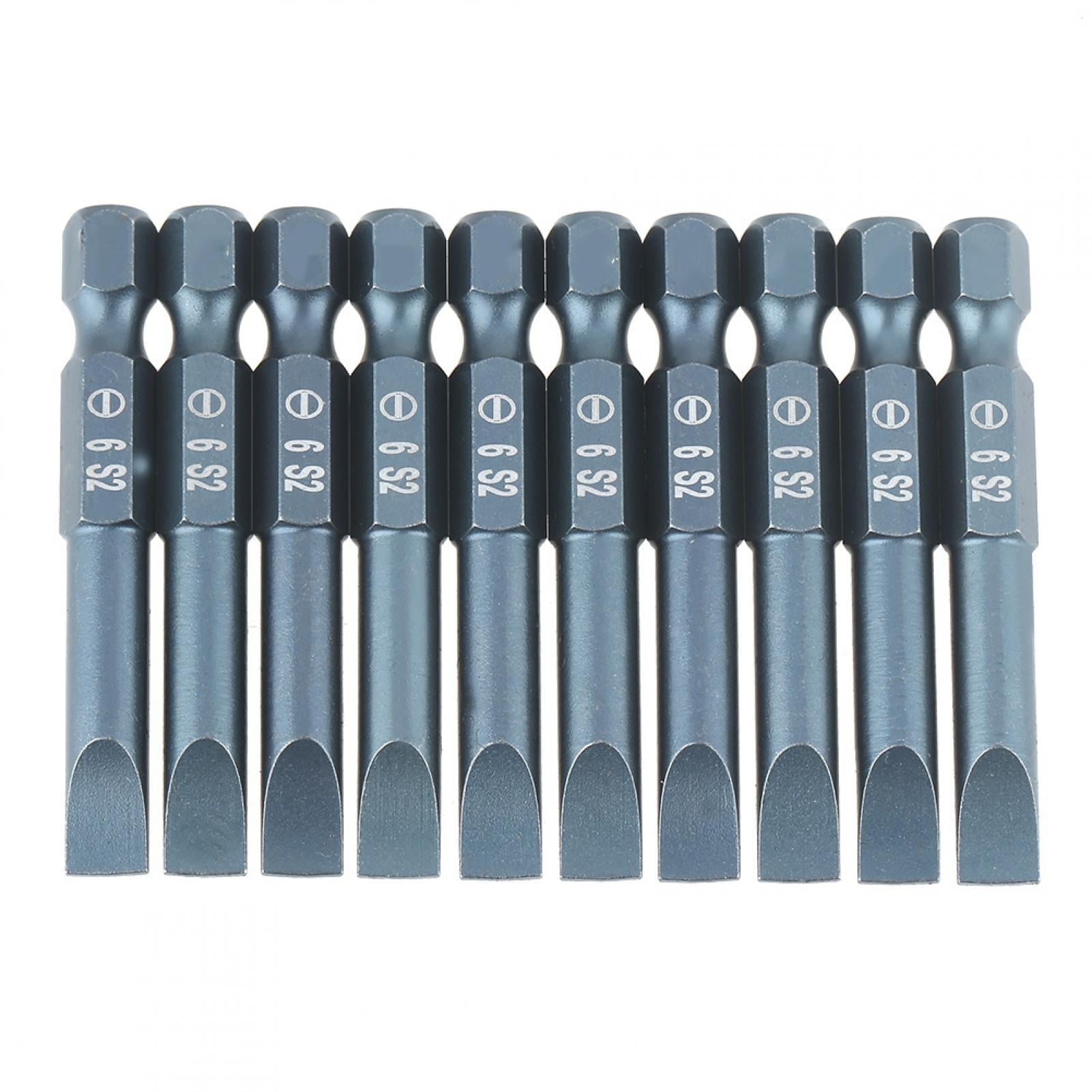10 Pack 1/4" Hex Shank 50mm Alloy Steel Slotted Screwdriver Bit Set H6 ...