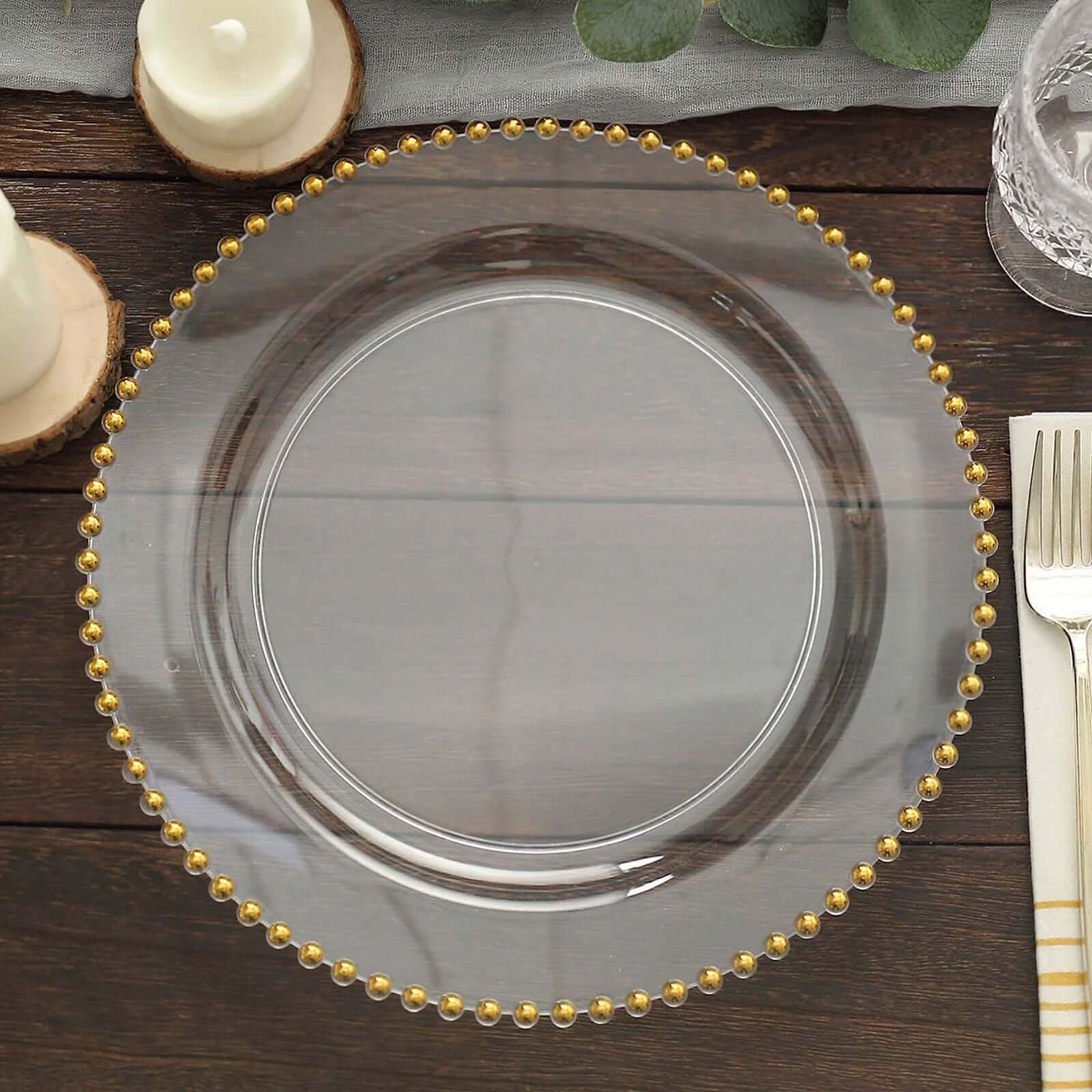 10 Pack | 10" Clear / Gold Beaded Rim Plastic Dinner Plates, Disposable ...