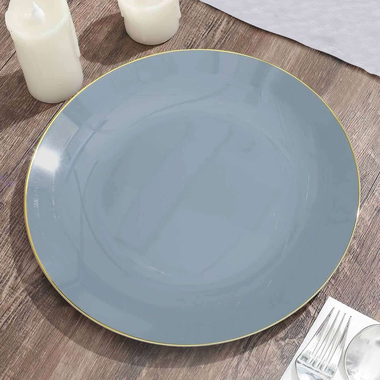 10 Pack | 10" Glossy Dusty Blue Round Plastic Dinner Plates With Gold ...