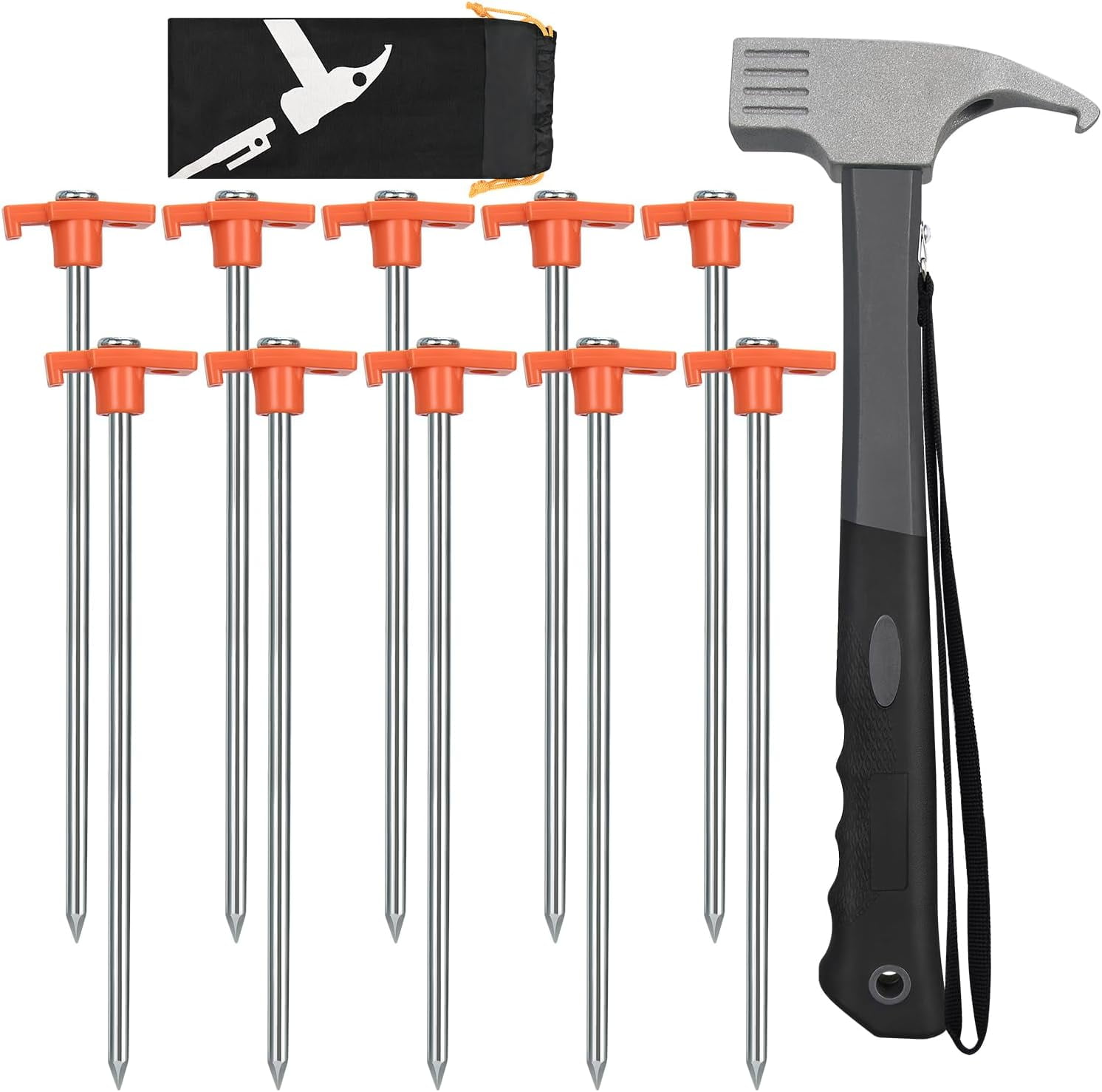 10 Pack 10in Heavy Duty Tent Stakes and Hammer Set, with Storage Pouch ...